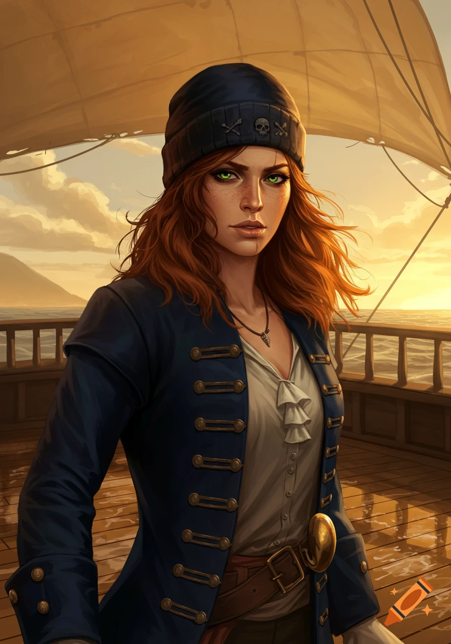 A determined female pirate wearing a Star of David necklace stands on a ...