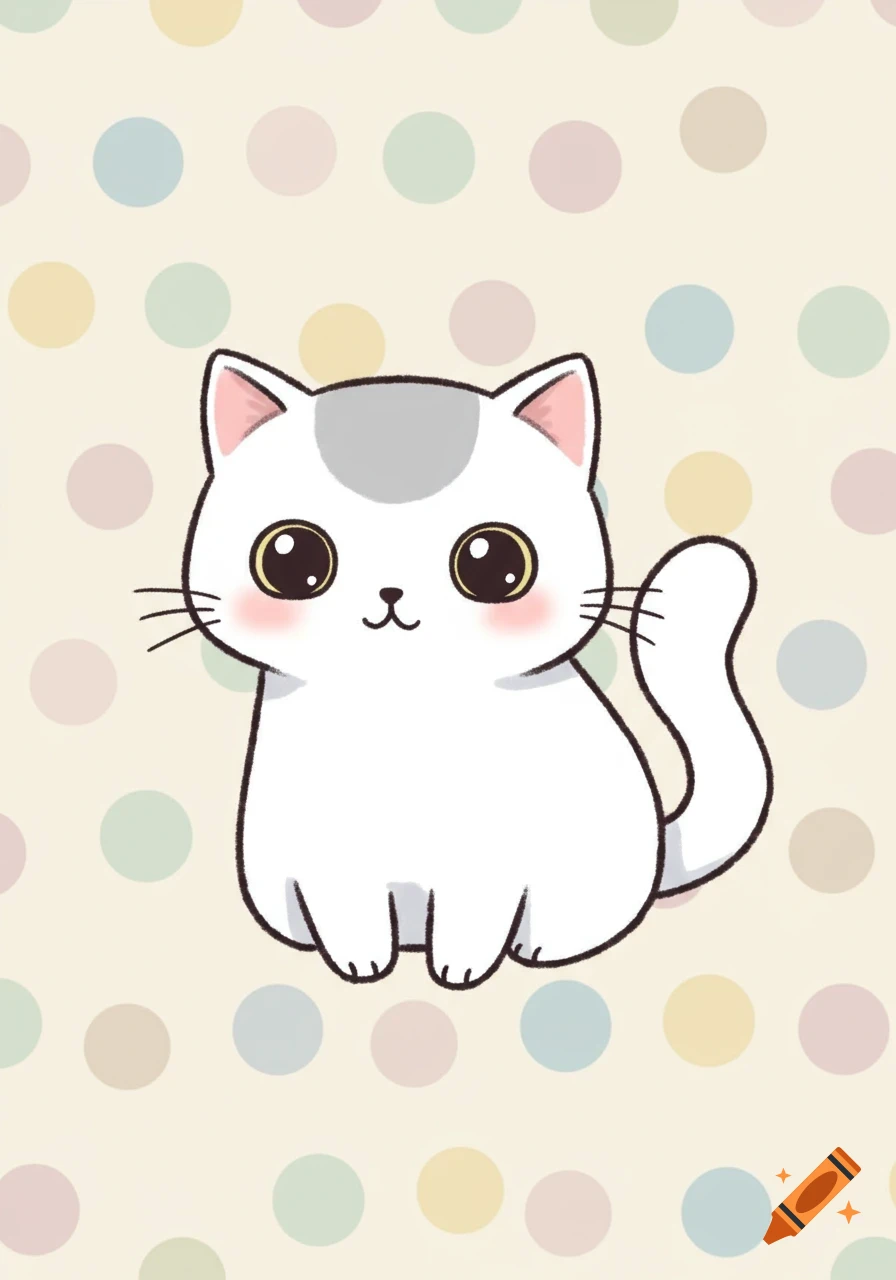 A cute white chibi cat with big brown eyes sits on a pastel pink ...