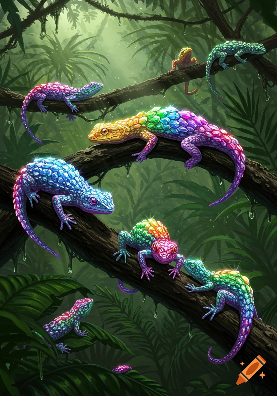 Many rainbow-colored, gem-encrusted geckos cling to tree branches in a ...