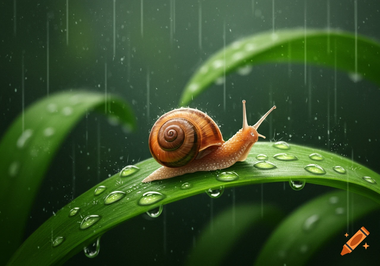 A regal snail with blonde hair and a golden crown sits on a mossy rock ...