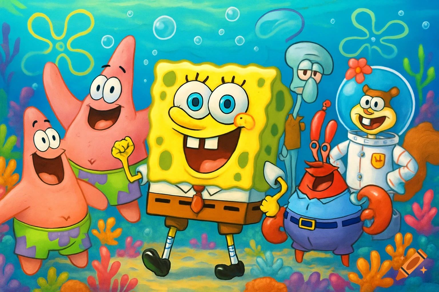 Spongebob, Patrick, Sandy, Mr. Krabs, Squidward, and Plankton happily ...