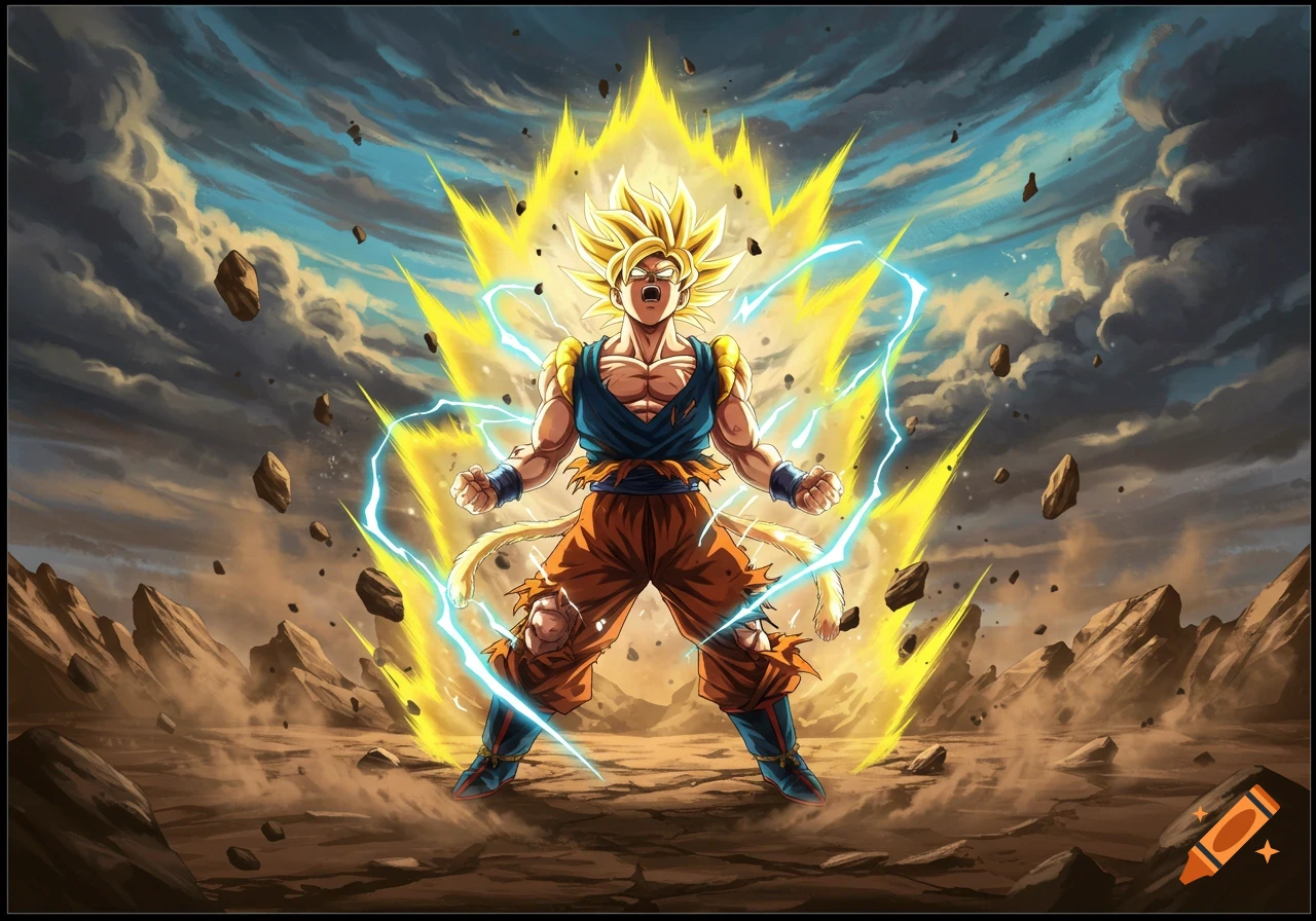 Goku, in Super Saiyan form, powers up with golden energy and blue ...
