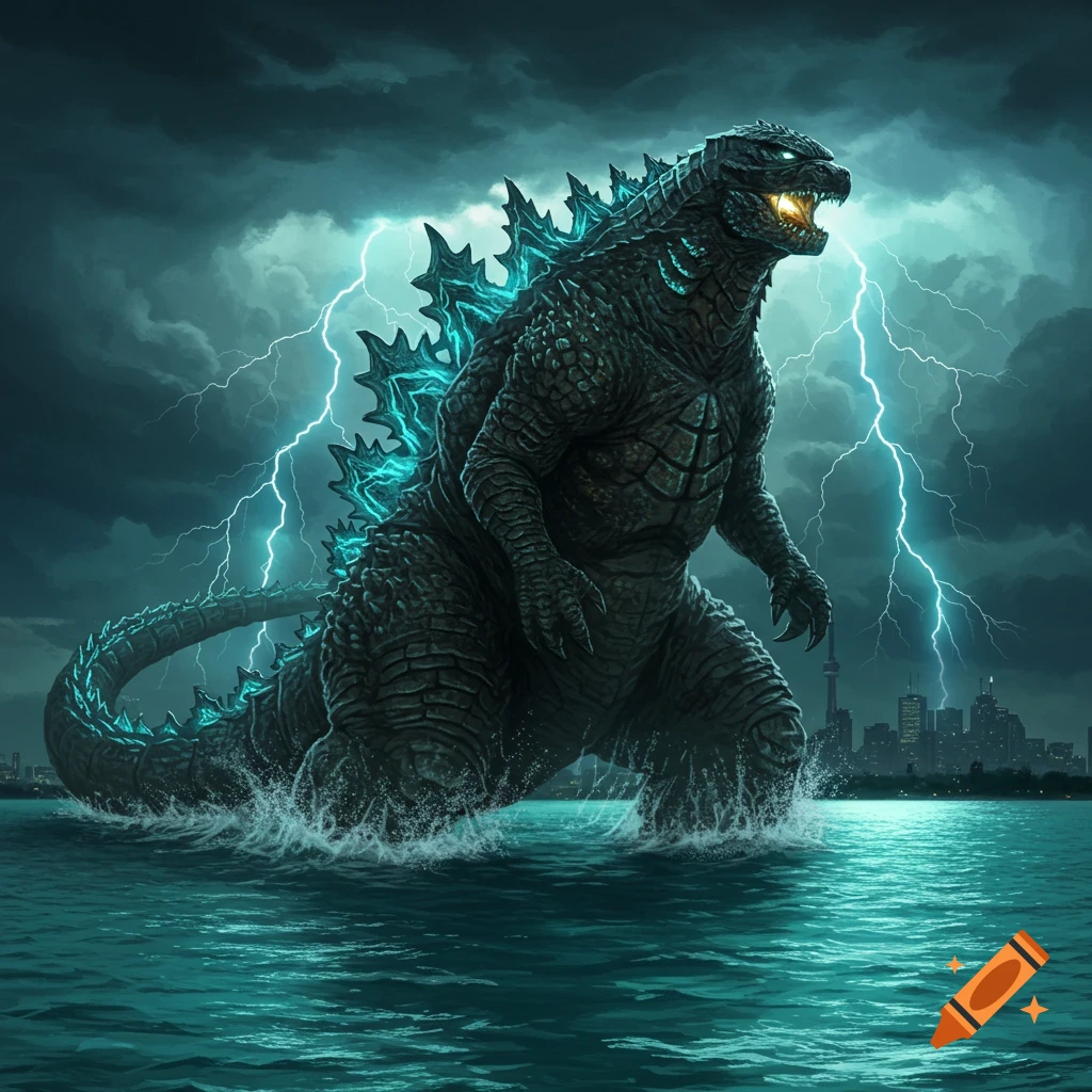 Godzilla stomps through a burning, destroyed city at night with ...
