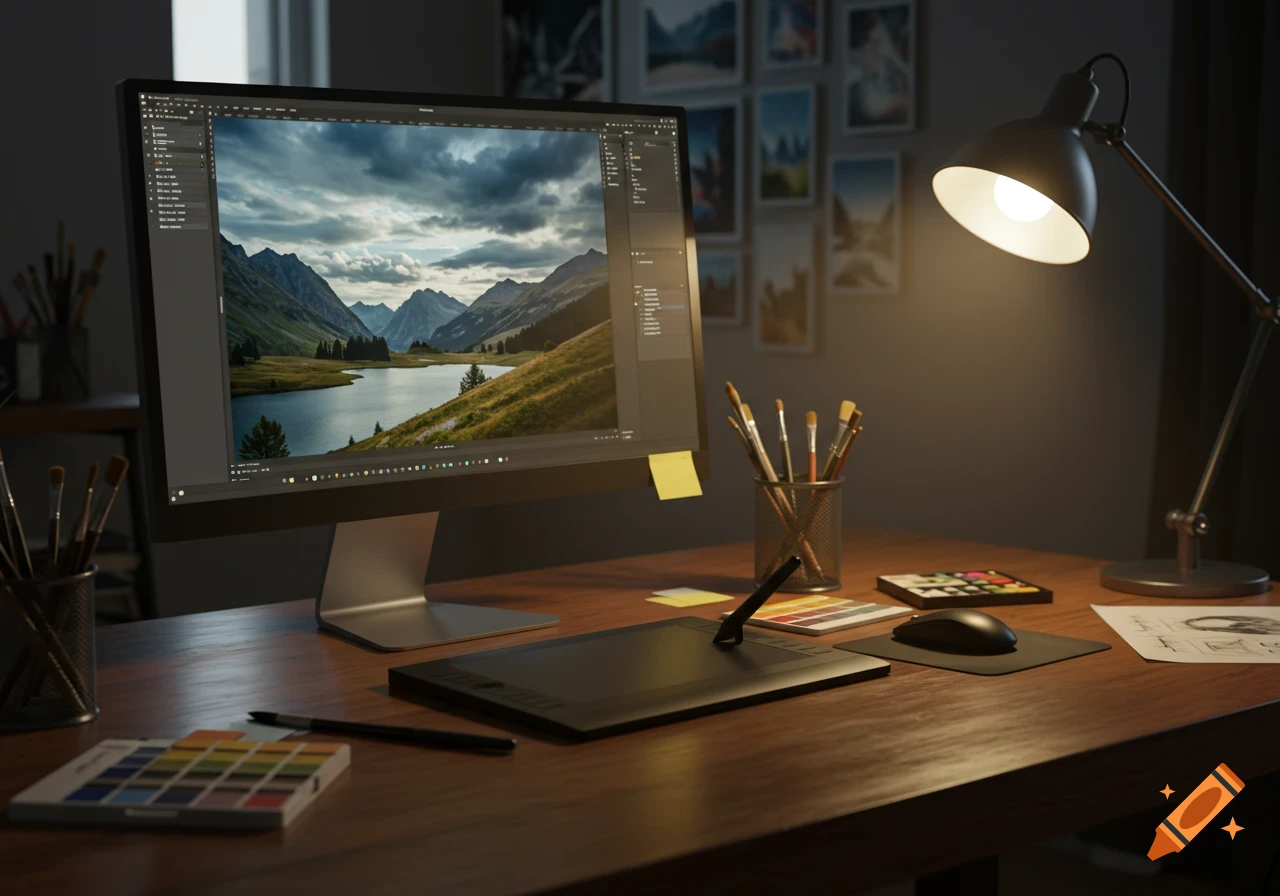 A modern computer setup with a monitor displaying a scenic landscape in ...