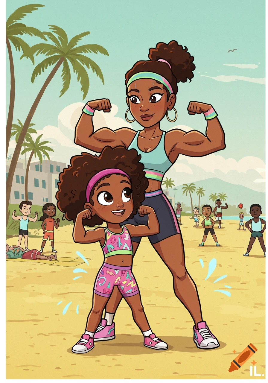 A cartoon mom in a bikini flexes muscles next to her daughter on a ...
