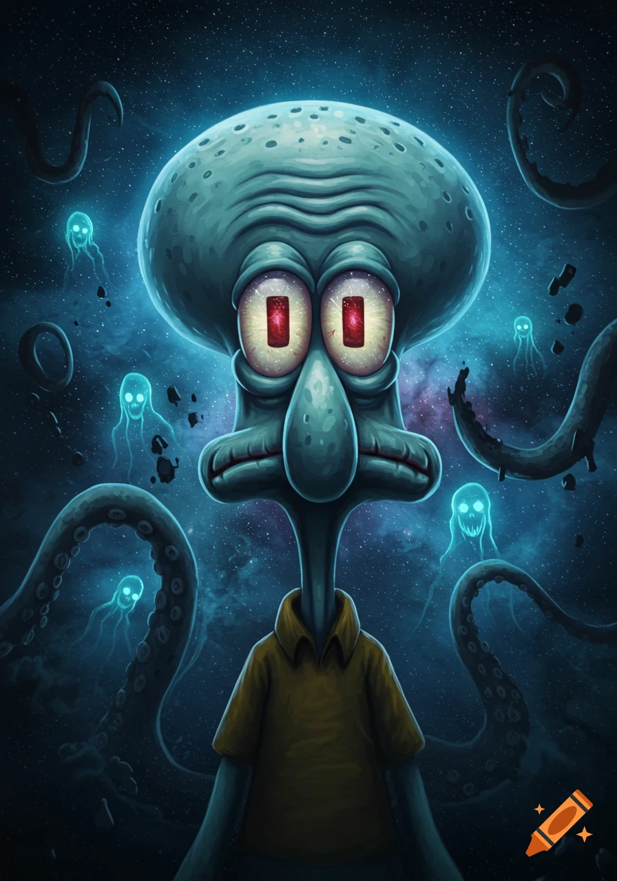 Stylized Squidward with glowing red eyes in cosmic horror space ...