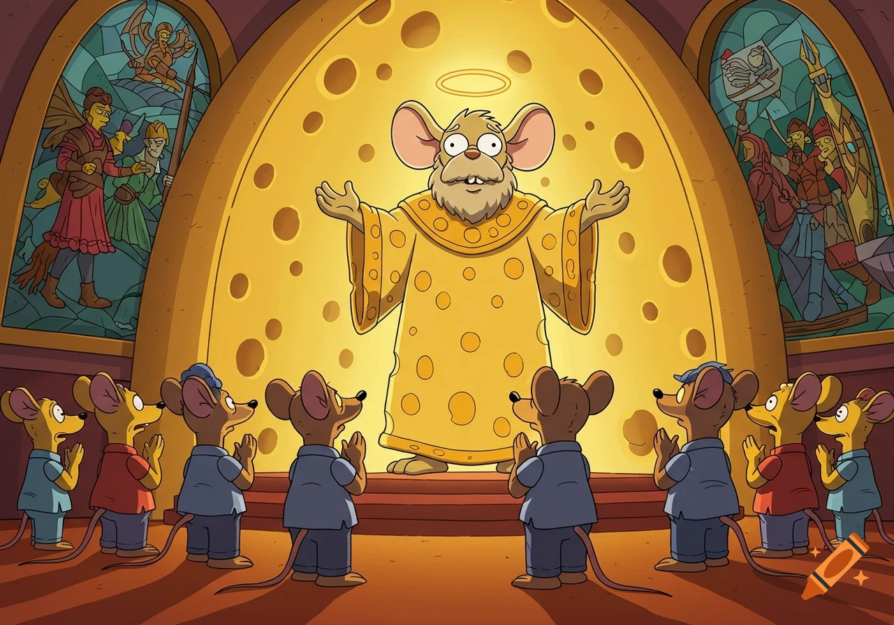 A large, haloed mouse god in a cheese-patterned robe is worshipped by ...