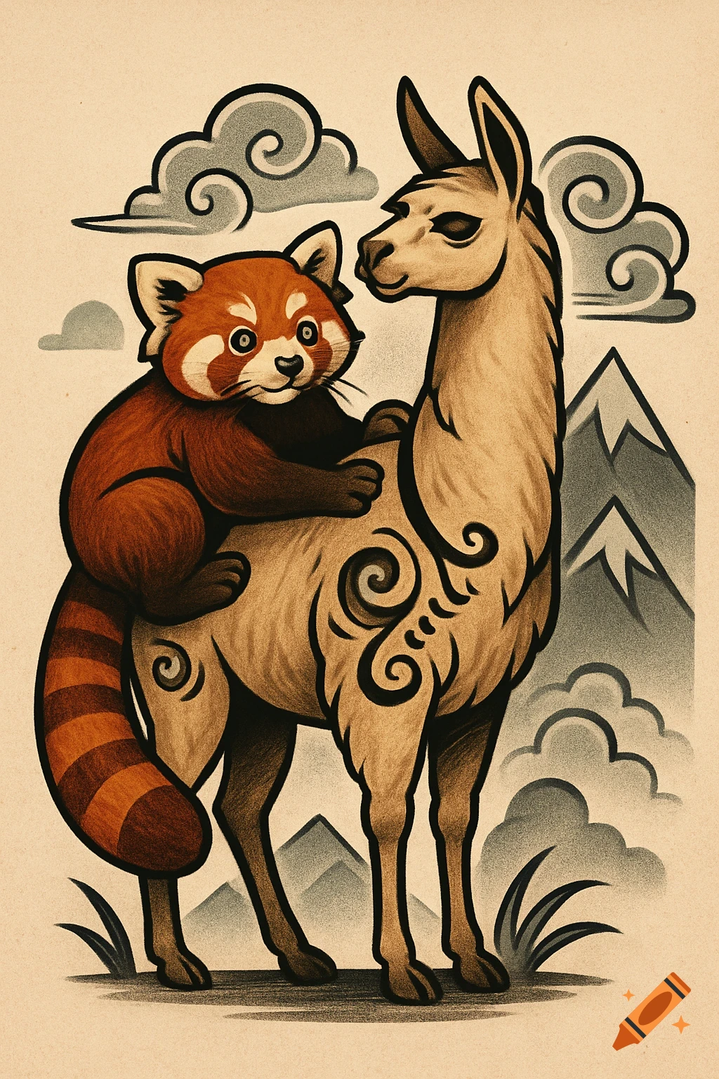 Stylized illustration of three water buffalos swimming, heads visible ...