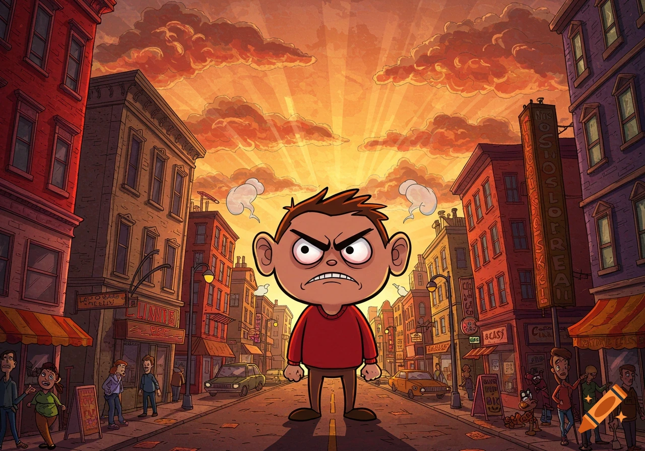 A dense, colorful cartoon collage of numerous exaggerated, stylized ...