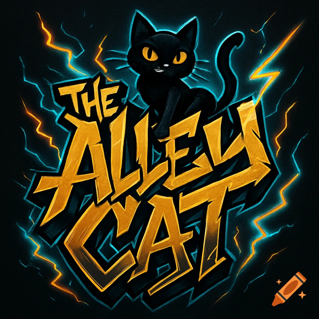 A cute black cat sits on bold gold graffiti text reading "THE ALLEY CAT ...