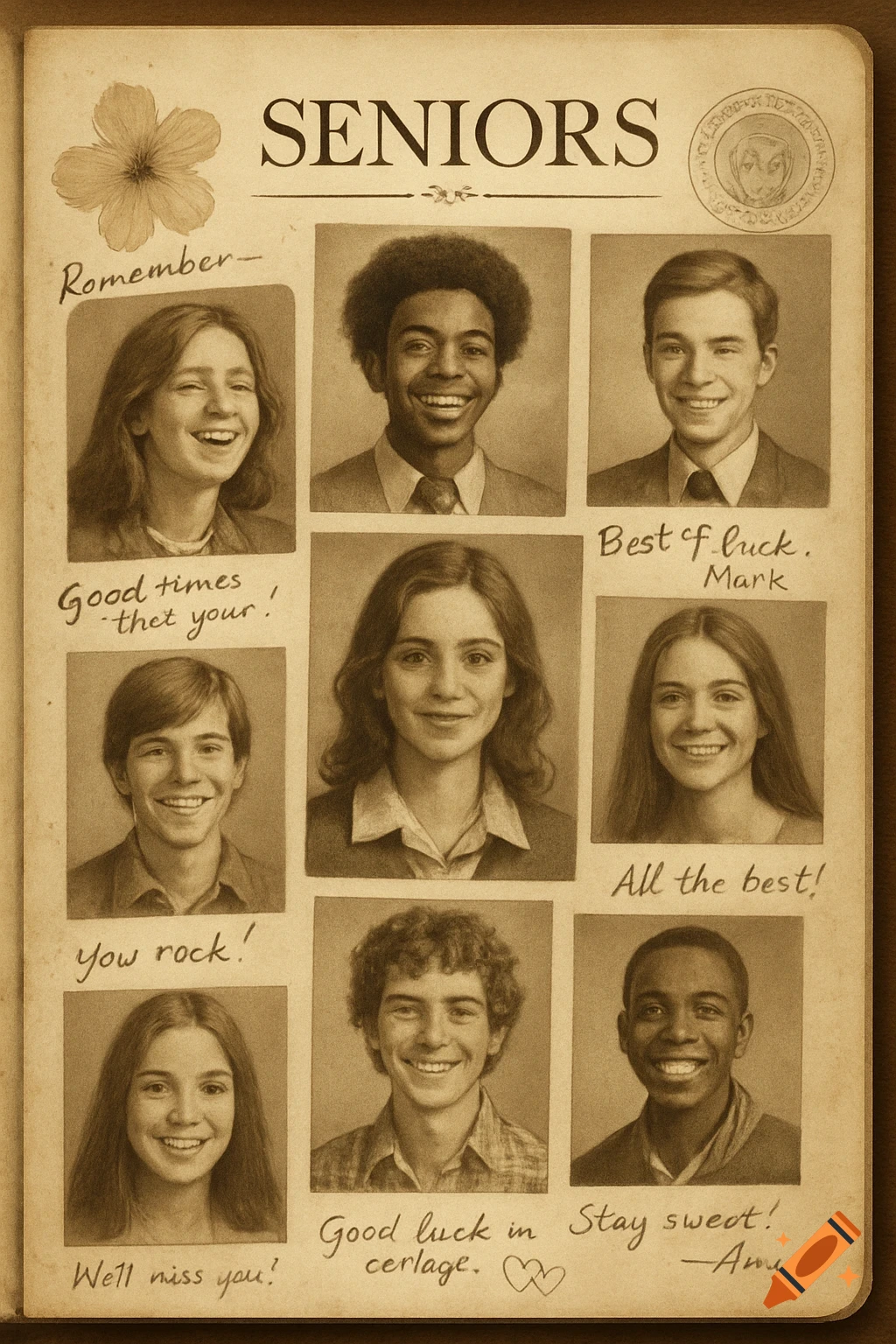 Sepia-toned drawing of a vintage yearbook page featuring nine ...