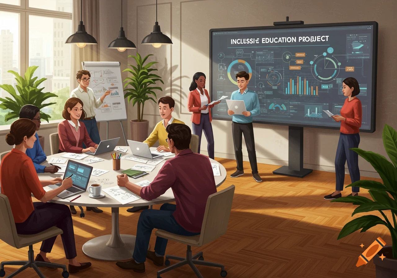 An illustration of a diverse team in an office, some presenting a ...