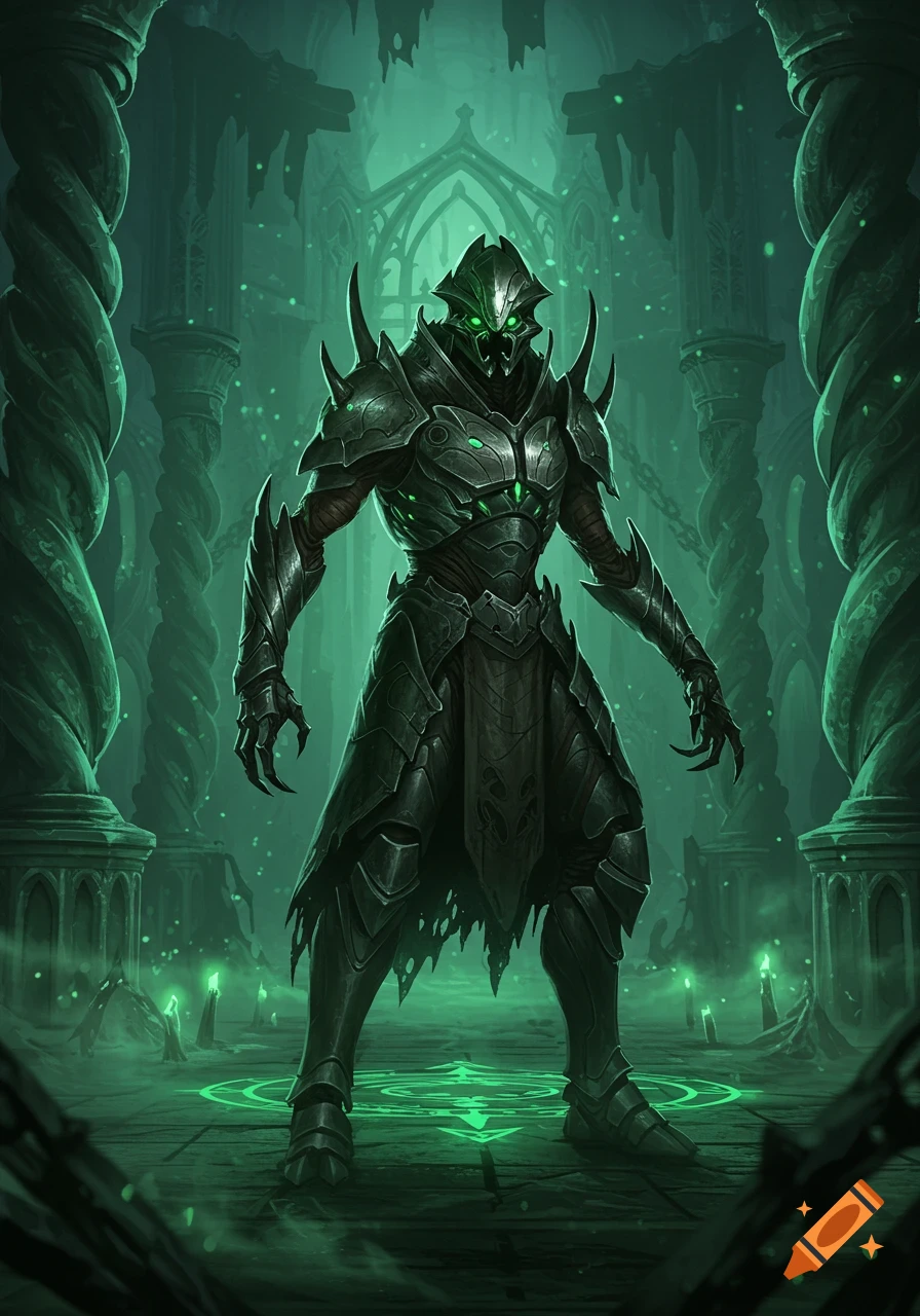 A dark armored humanoid figure with glowing green eyes and accents ...