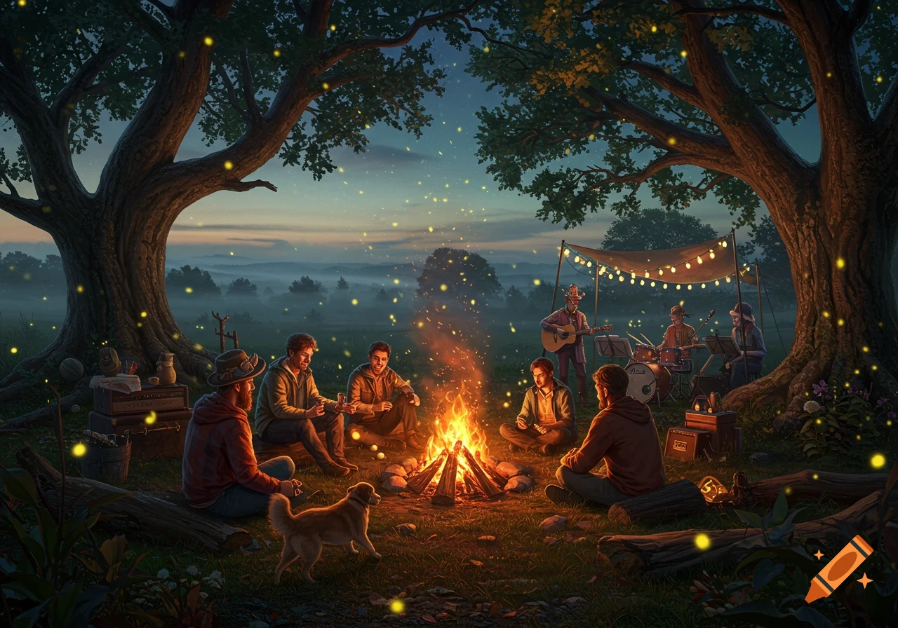 Group of people sitting around a fire in a ceremonial setting with ...