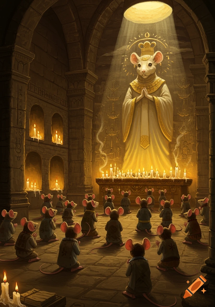 Mice pray to a large mouse god statue in a candlelit ancient temple ...
