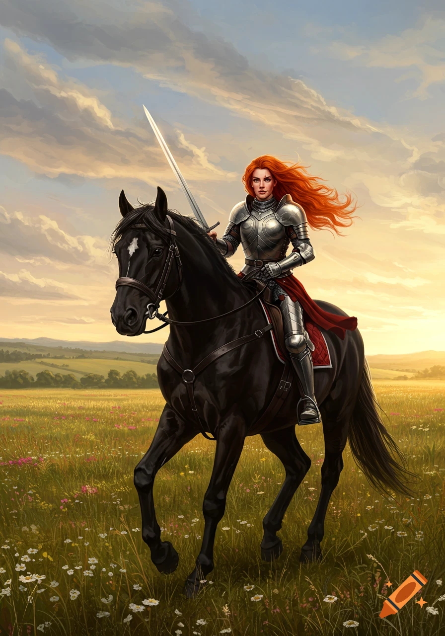 Red-headed elf cowgirl on a black horse in a sunlit field with ...
