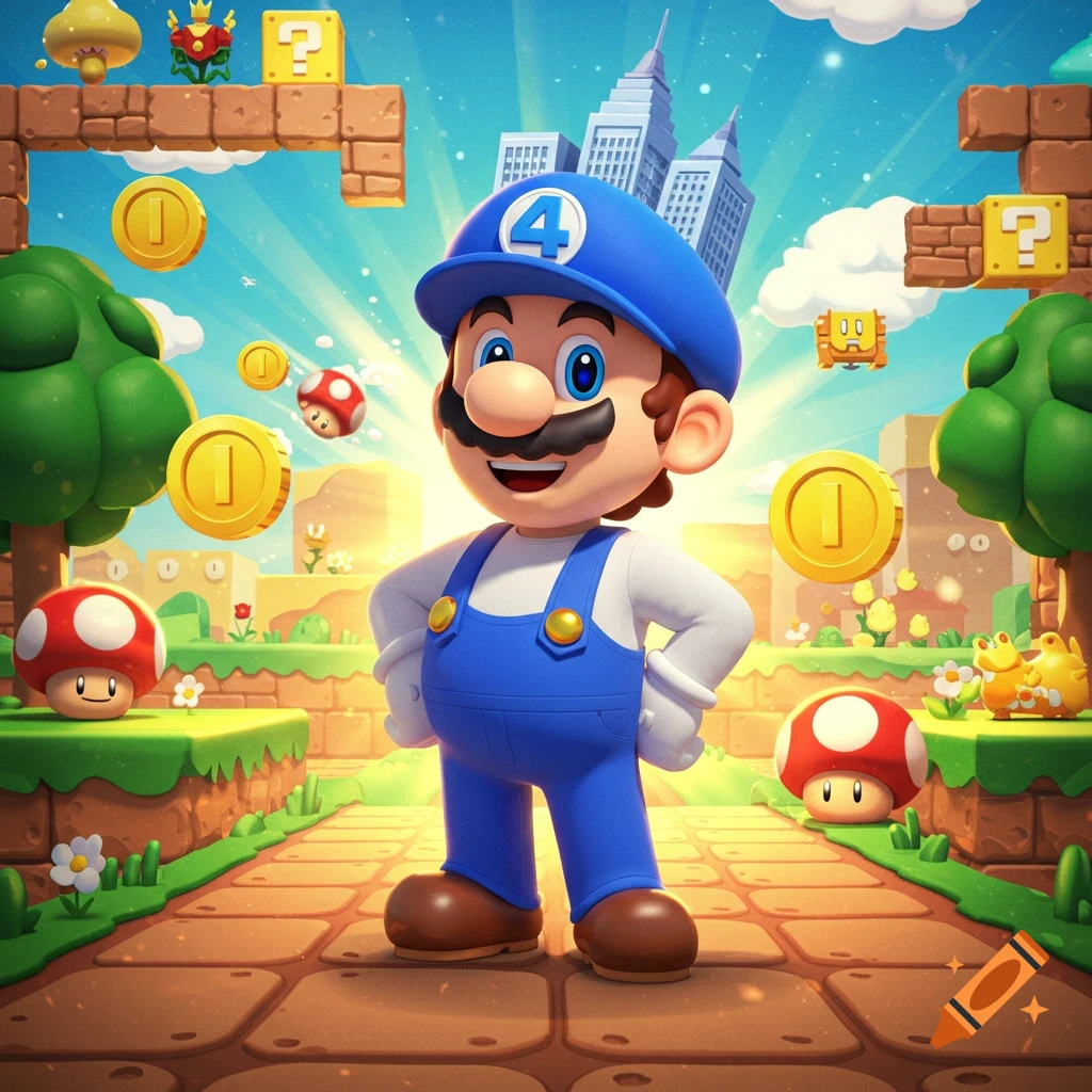 A blue-clad Mario-like character, SMG4, stands in a vibrant Super Mario ...