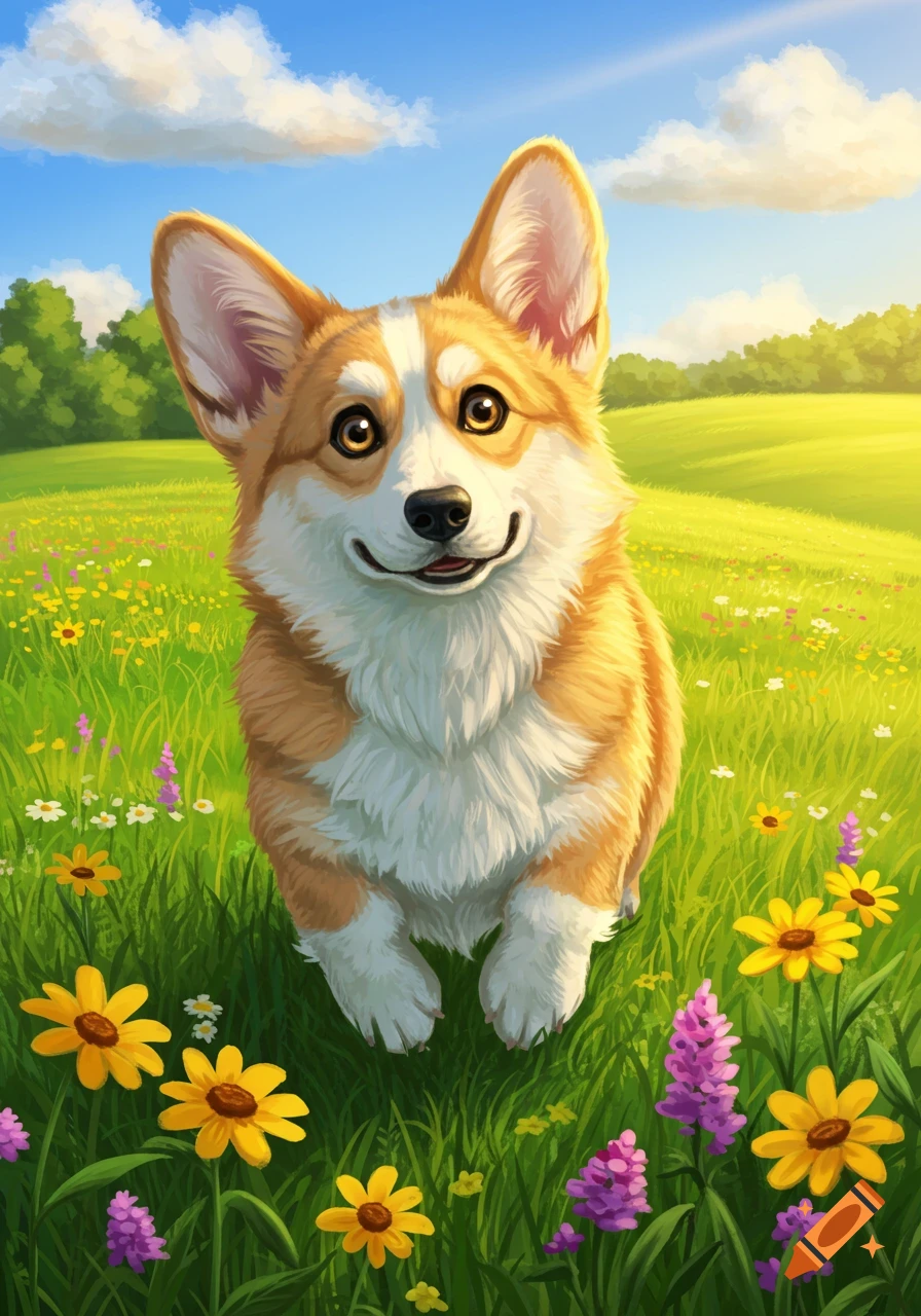 A realistic brown and white corgi with long legs stands in a vibrant ...