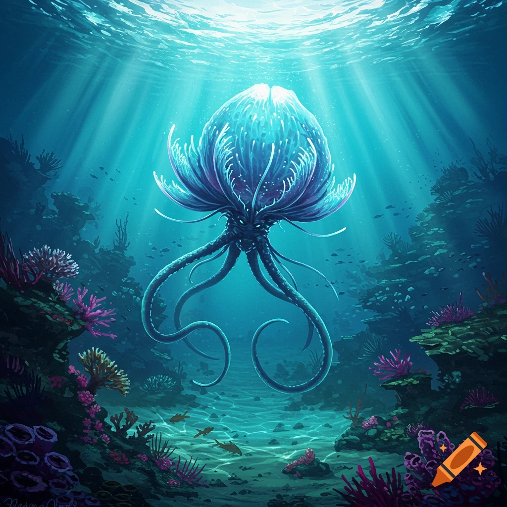 Surreal coral hills and shores, glassy seashells, wavy ocean, exotic ...