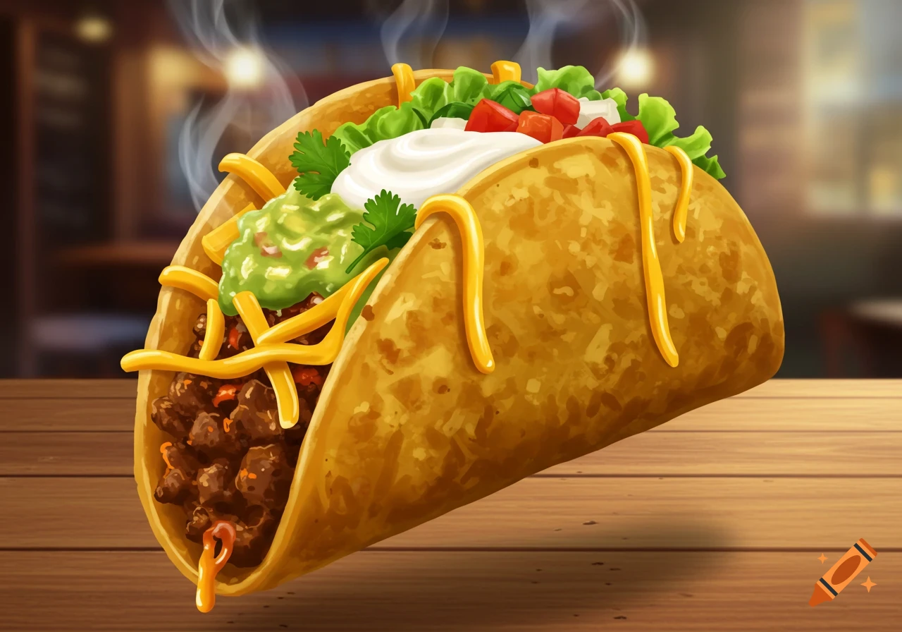 A painted image of a hard shell taco filled with meat, lettuce, cheese ...