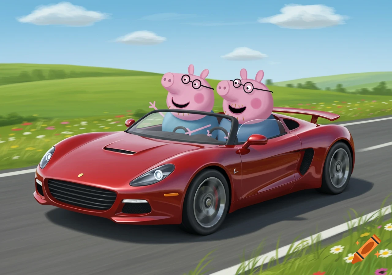 Peppa Pig drives a red convertible car through a sunny green landscape ...