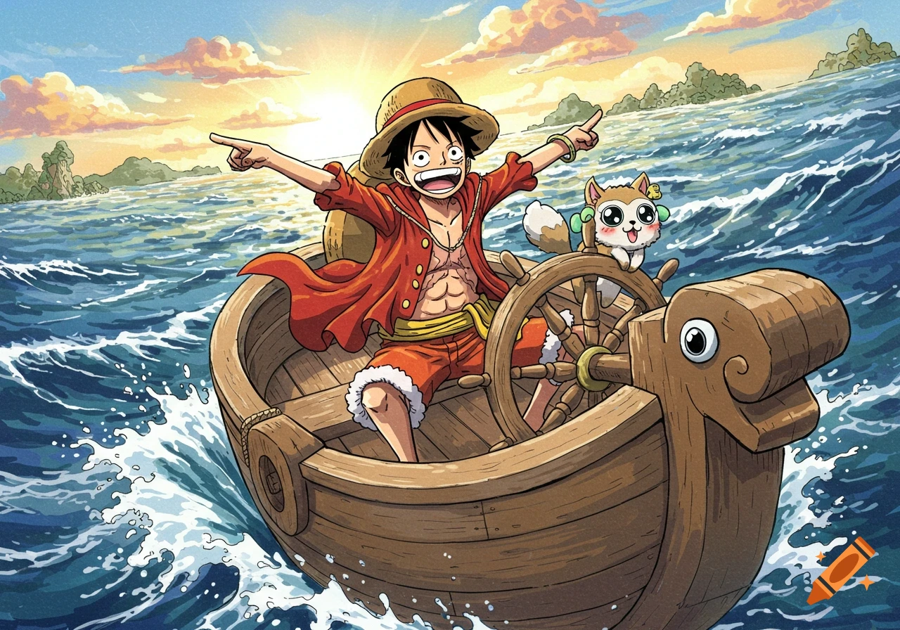 Anime-style illustration of One Piece's Luffy smiling in front of a ...