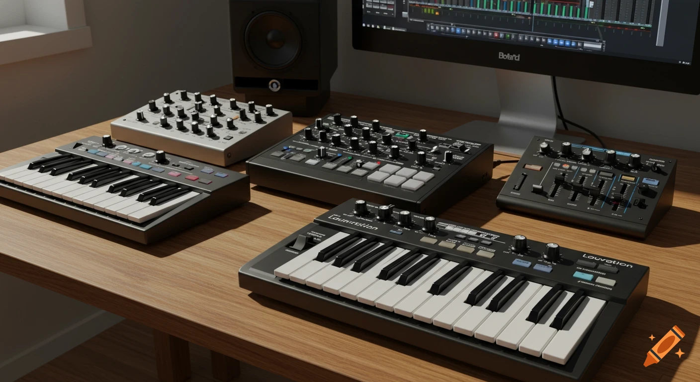 Modular synthesizer keyboard in a futuristic forest world on Craiyon