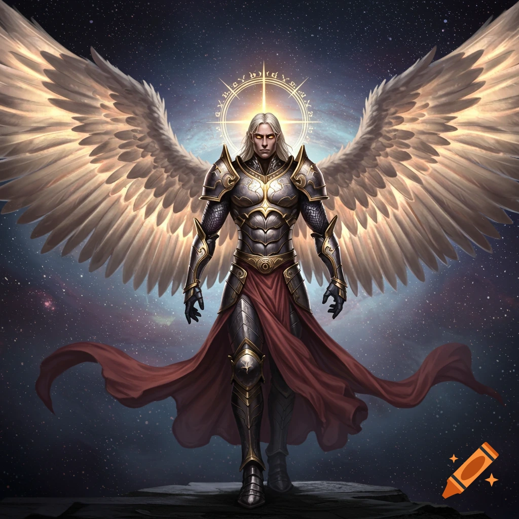 A powerful angel in ornate metallic armor with vast golden wings and a ...