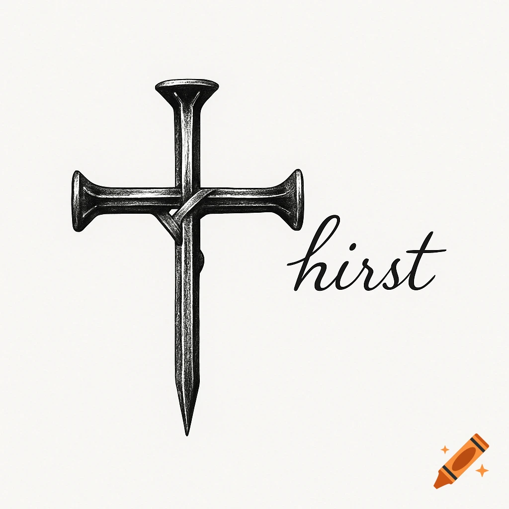 A black and white illustration of a cross made from steel nails, with ...