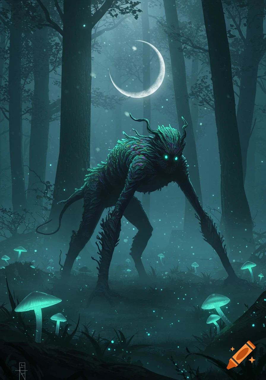 A shadowy, dark creature with glowing blue eyes stands in a mystical ...