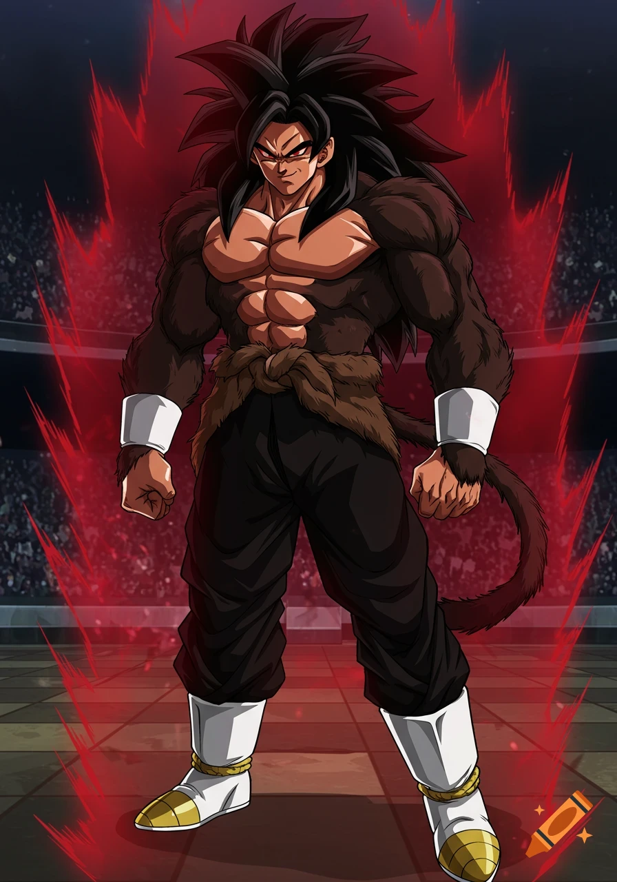 A muscular, dark-skinned Saiyan warrior with black fur and red glowing ...