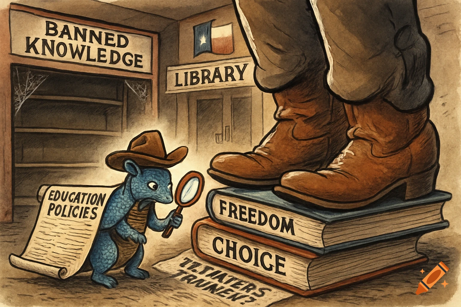 A community scene in a warm, painted style: people vote, plant trees ...