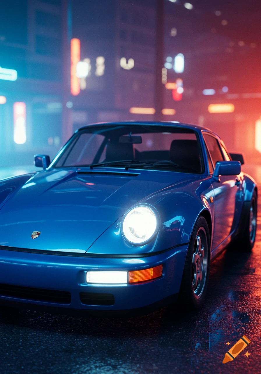 A dark classic sports car, possibly a Porsche 911, parked on an asphalt ...
