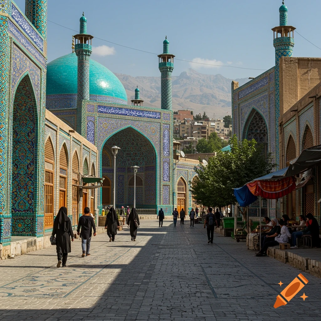 A bustling street scene in Iran, featuring a grand mosque with a ...