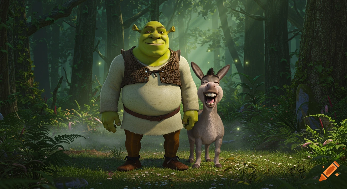 Shrek the ogre flexes his arms and smiles broadly in a vibrant swamp ...