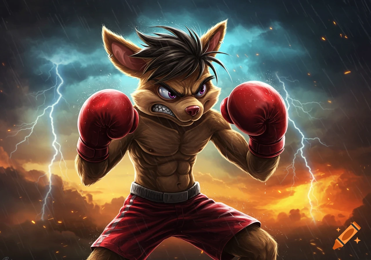An aggressive, muscular, cartoon anthropomorphic fox in red boxing ...