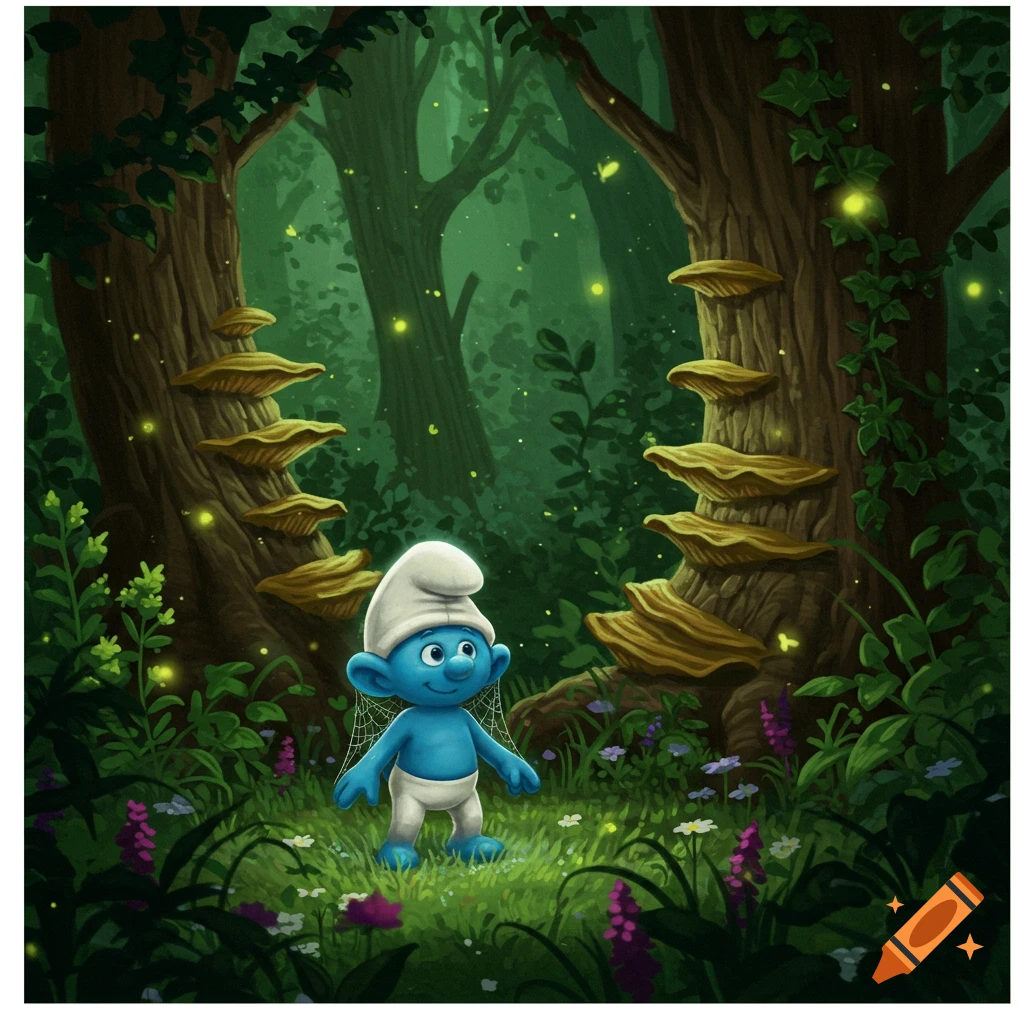 A blue Smurf character with a white hat and pants stands in a magical forest with glowing ...