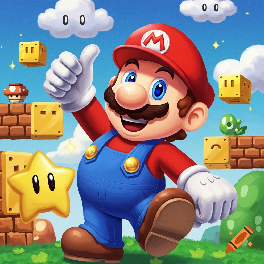 A cheerful, stylized cartoon image of Super Mario giving a thumbs up in ...