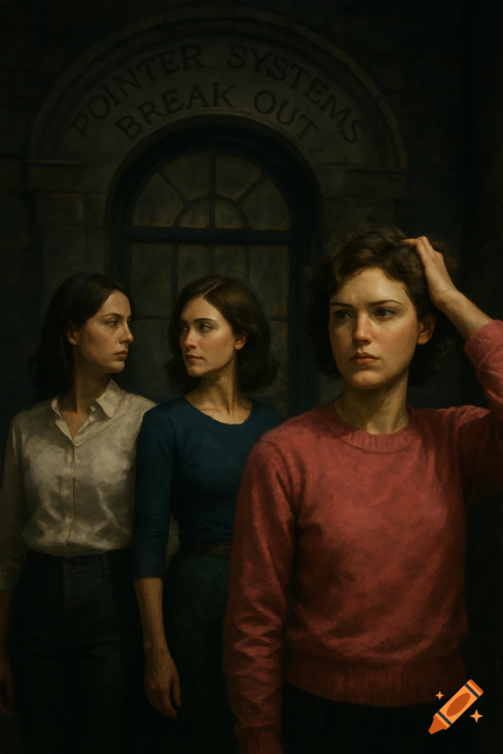 A painting depicts a train car with windows showing a woman's life ...