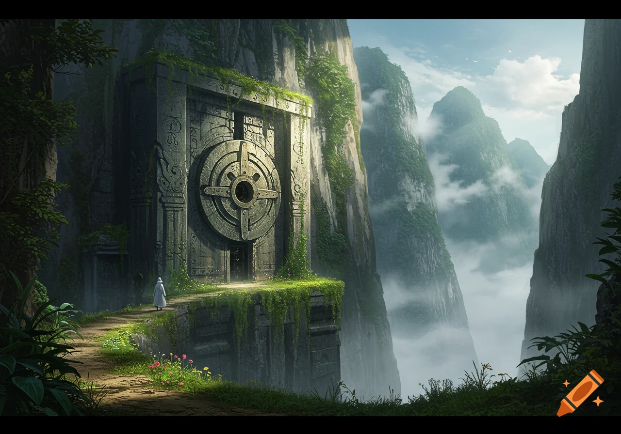 A lone figure approaches an ancient stone vault carved into a misty ...