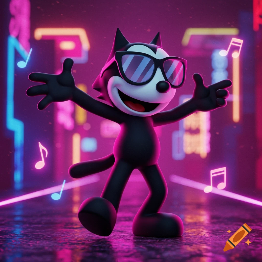 Felix the Cat wearing sunglasses, smiling with arms wide in a vibrant ...