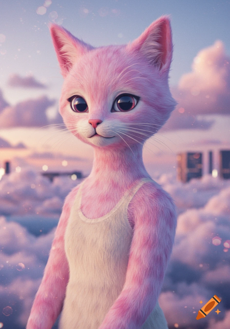 A pixel art cat with blue, pink, and purple gradient fur, curled ...