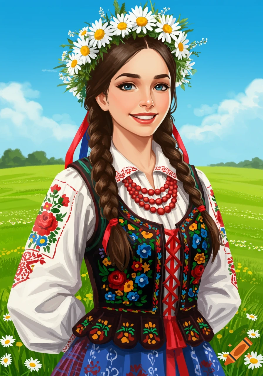 A smiling Polish woman in traditional embroidered folk clothing and a ...