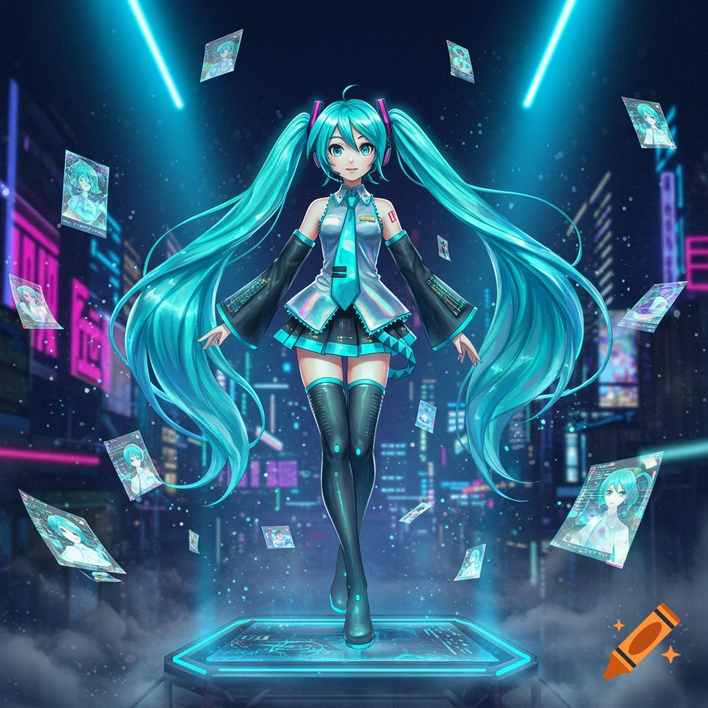 Hatsune Miku, an anime character with long turquoise pigtails, works on ...