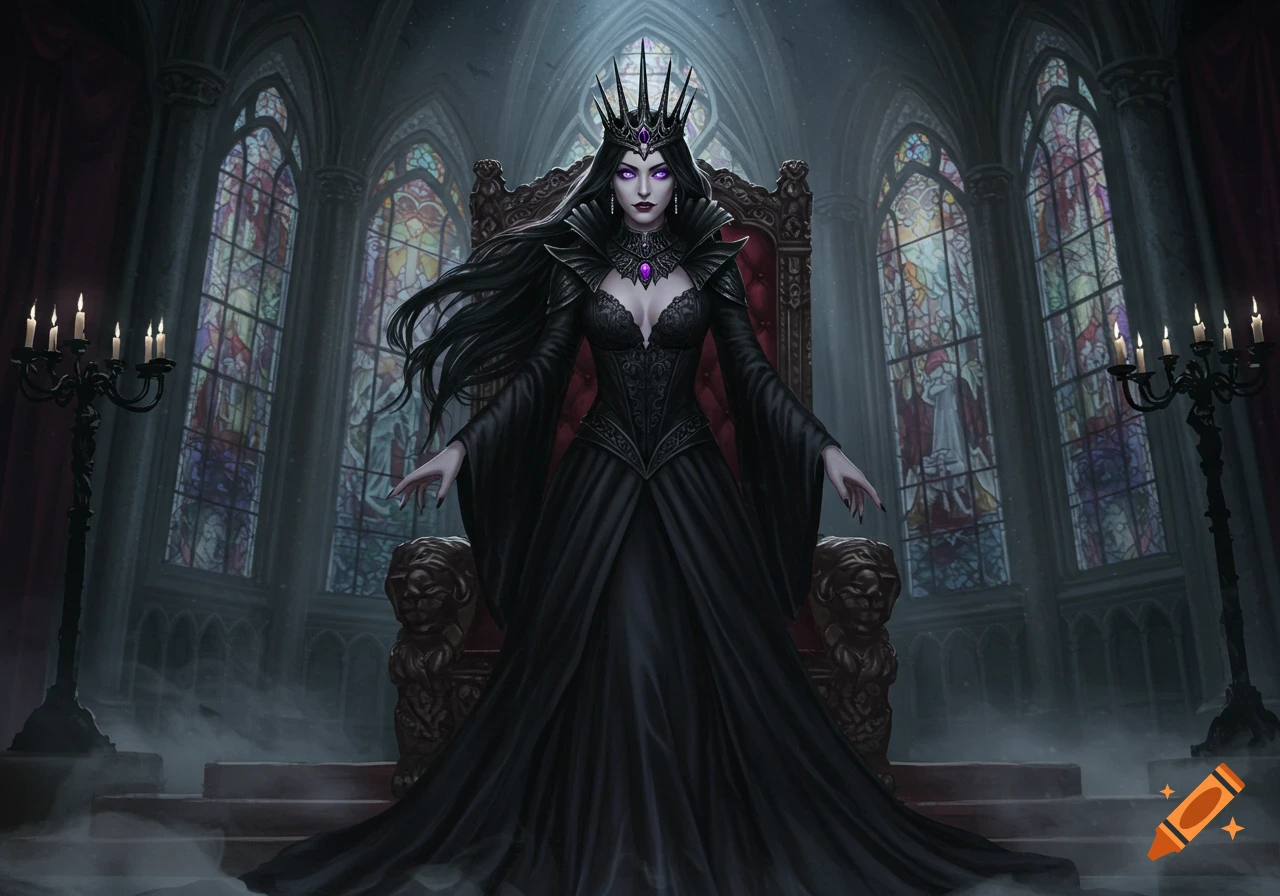 A stunning vampire queen with red eyes and fangs stands in a dark ...