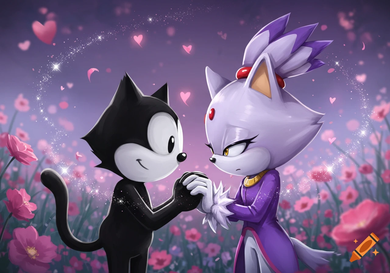 Felix the Cat and purple Blaze the Cat holding hands in a romantic ...