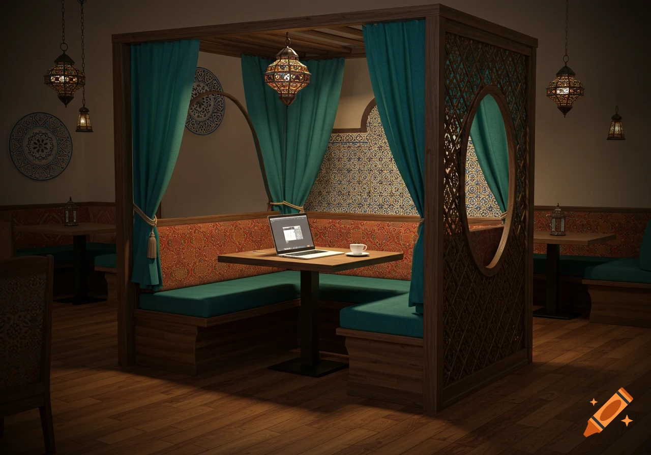 A dimly lit private wooden booth in an Algerian-style restaurant with a ...
