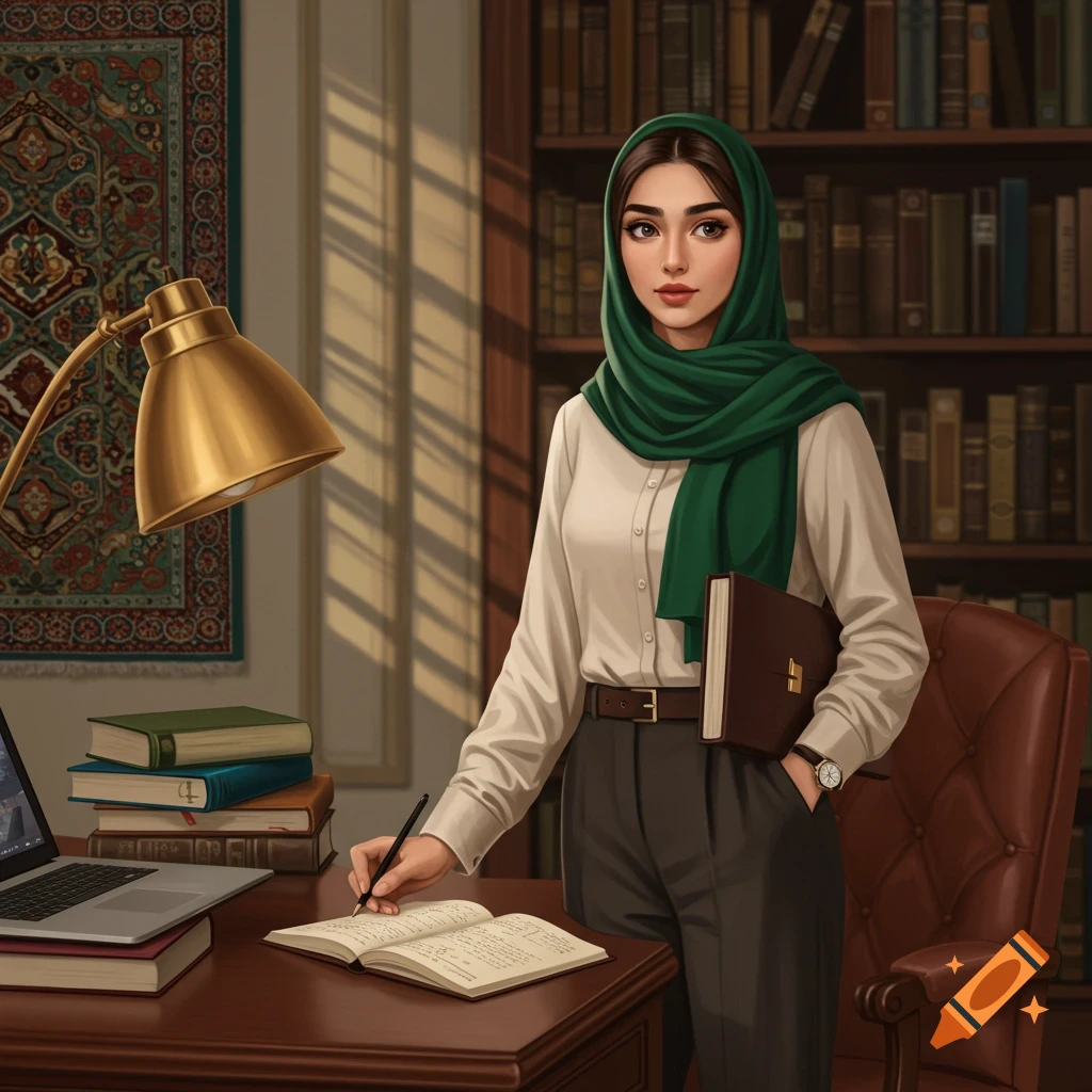 A stylized portrait of a young woman with dark hair and brown eyes ...