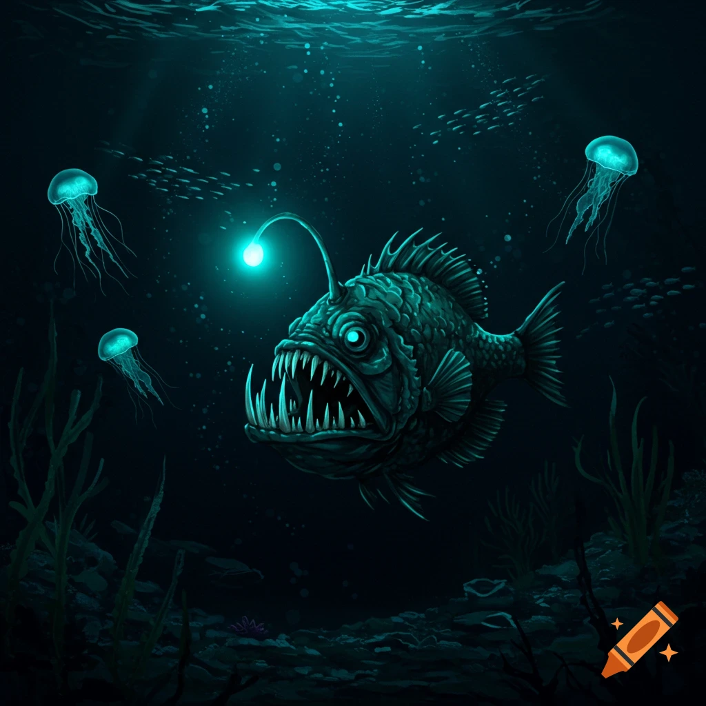 A cartoon anglerfish with sharp teeth tries to eat a glowing, laughing ...