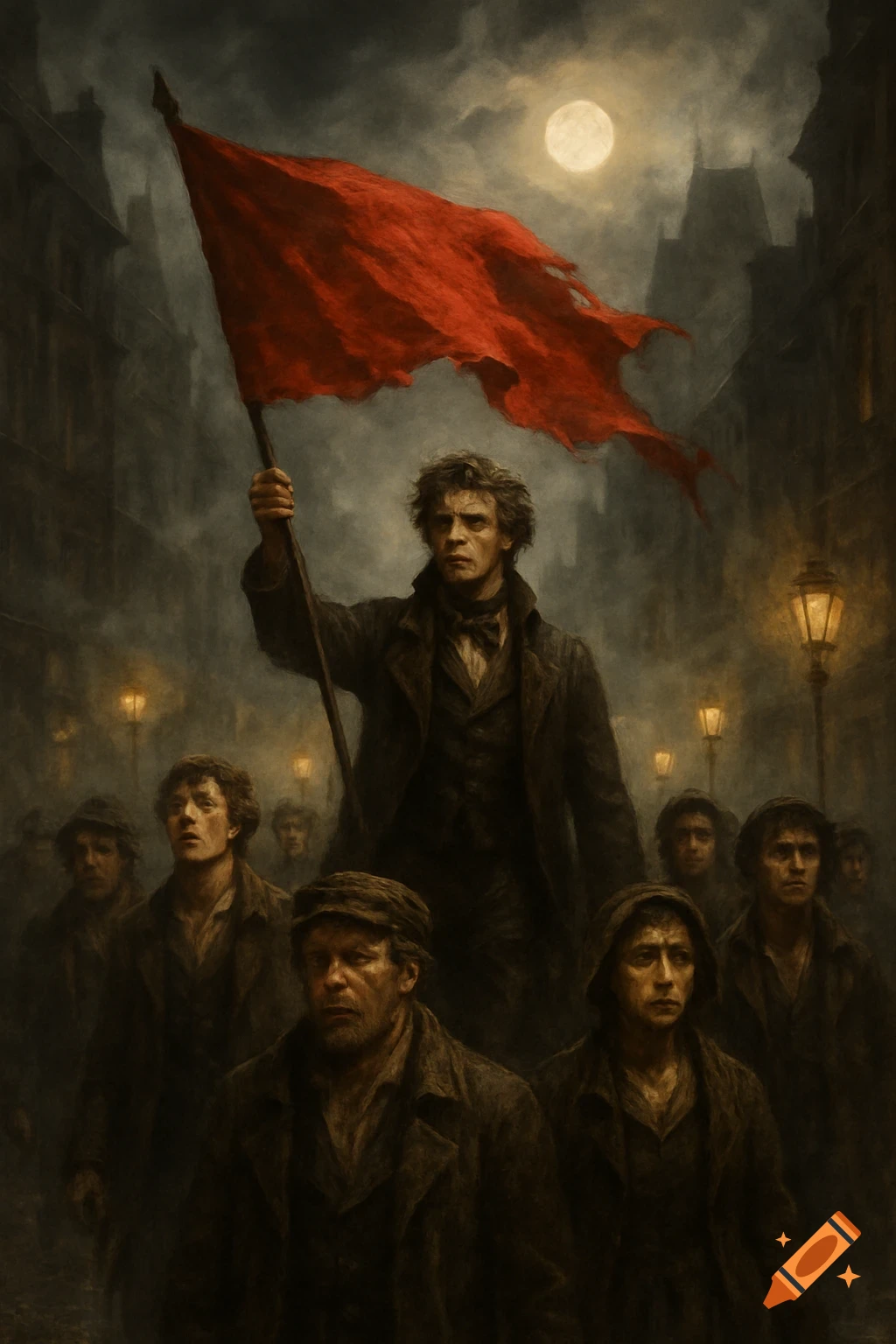 Seven figures in long drab coats stand within a deep cracked ditch in a ...